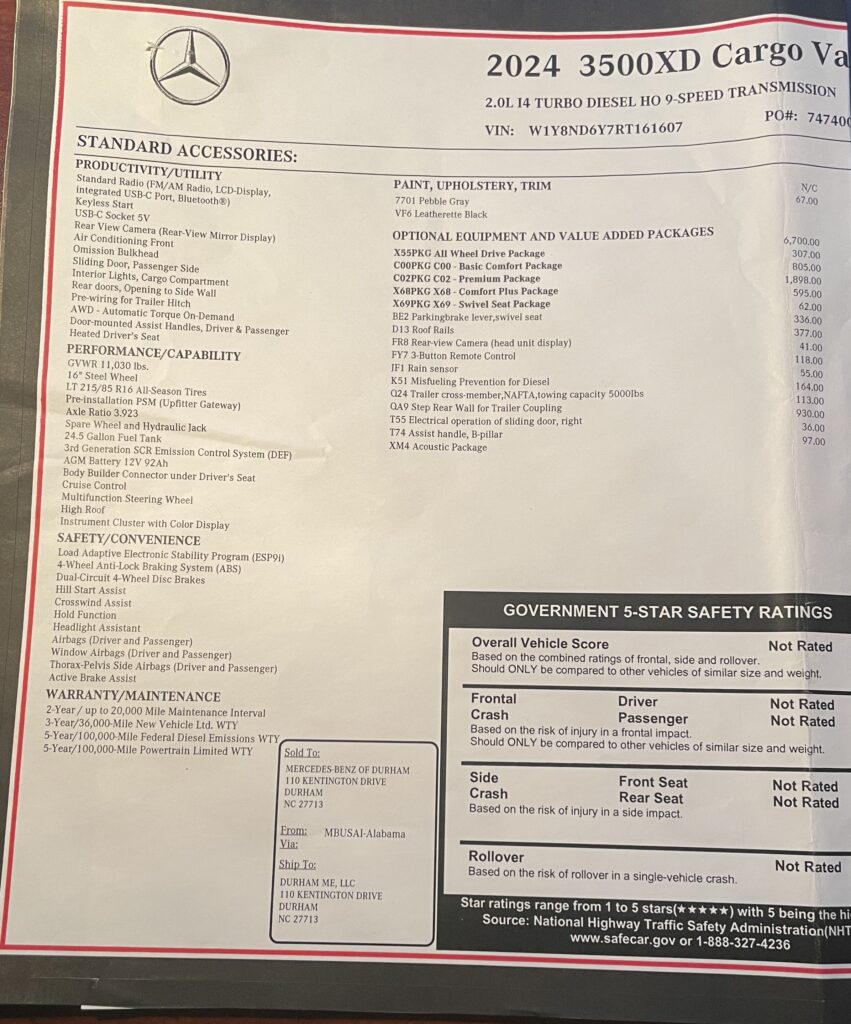 2024 Mercedes Sprinter AWD 3500XD 170″ 4 cyl HO - Vanlife Trader